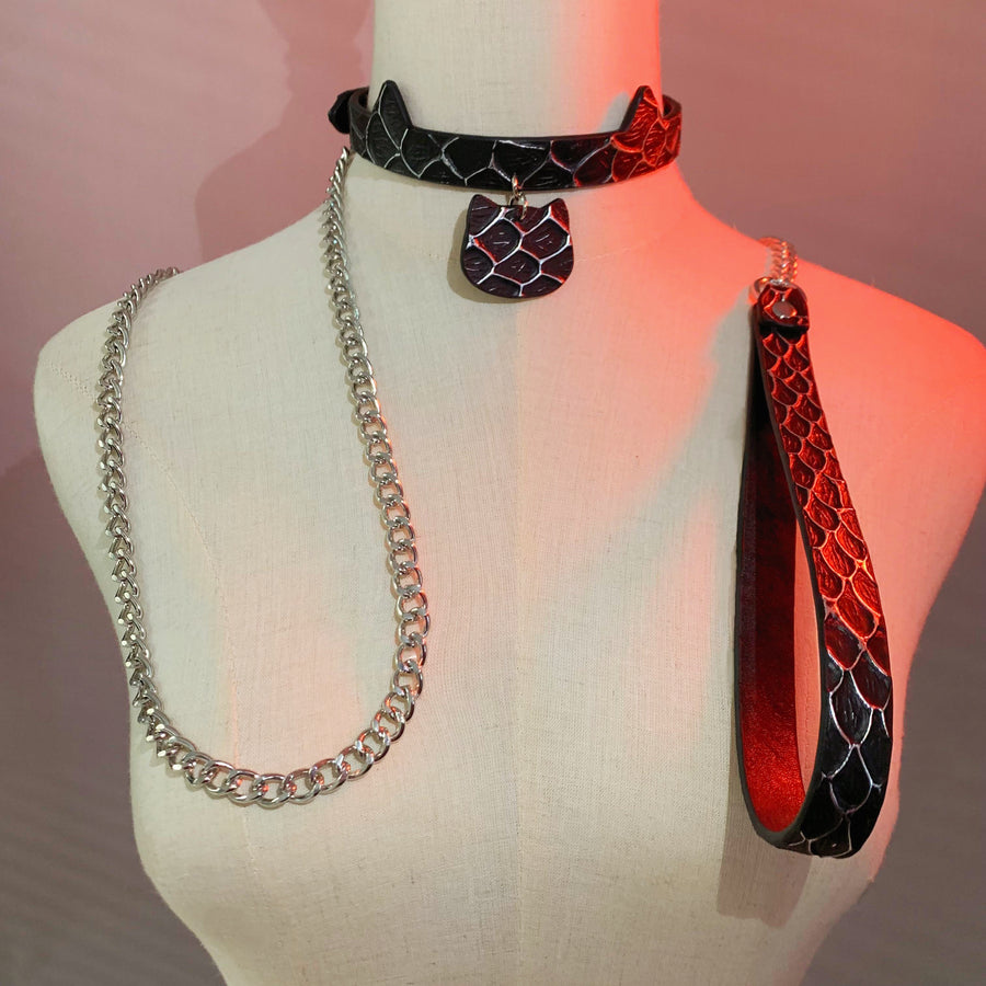 Scale Leather Collar & Chain Leash Set